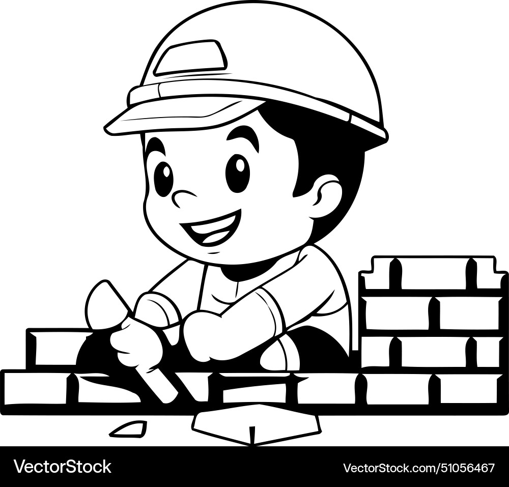 Cartoon boy building a brick wall with hammer Vector Image