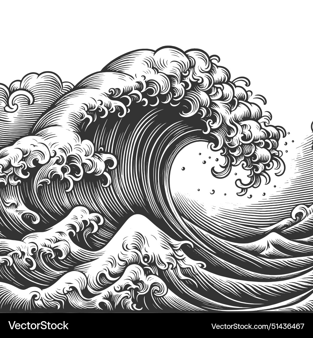 Stylized ocean wave engraving Royalty Free Vector Image