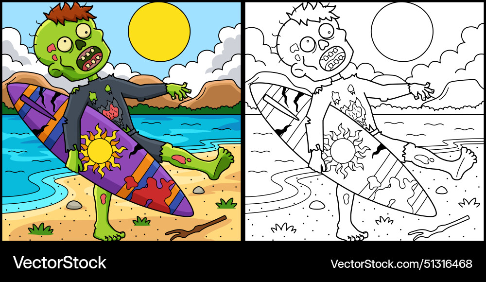 Zombie surfer coloring page colored Royalty Free Vector