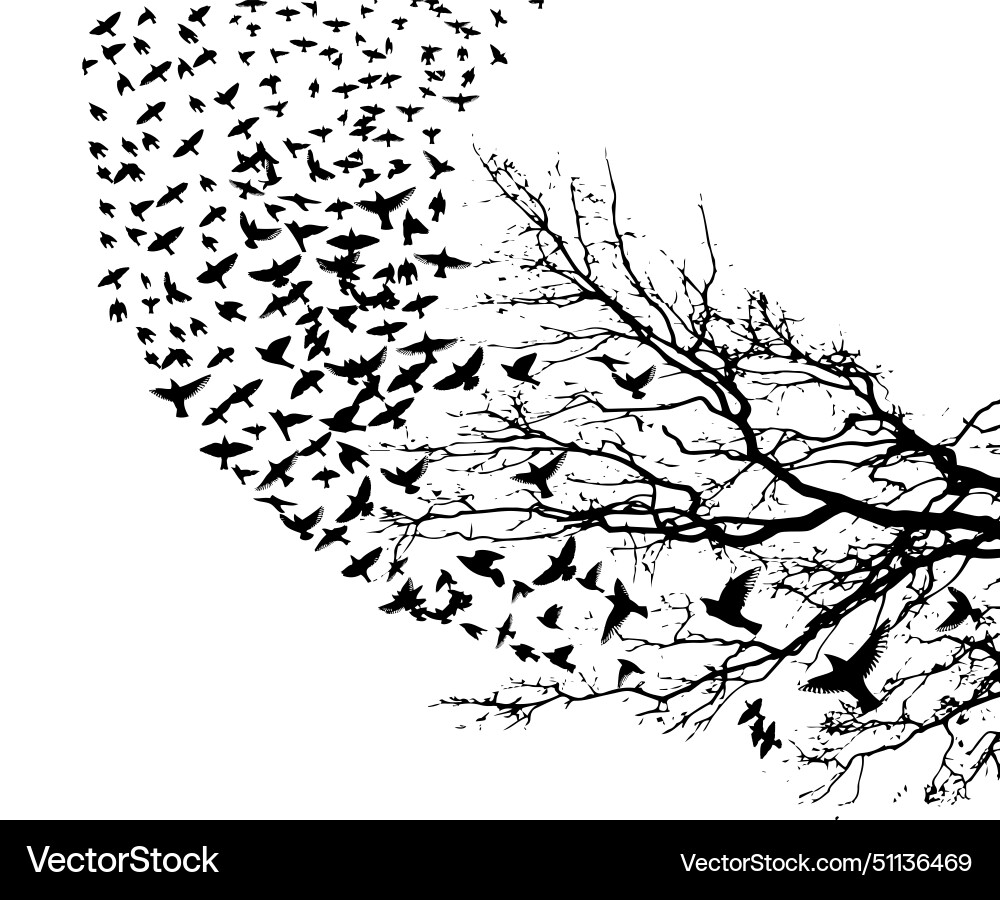 Tree and flying birds in the sky hand drawing Vector Image