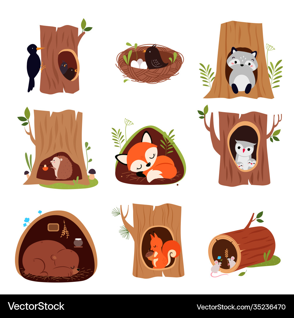 Cute animals sitting in burrows and tree hollows Vector Image