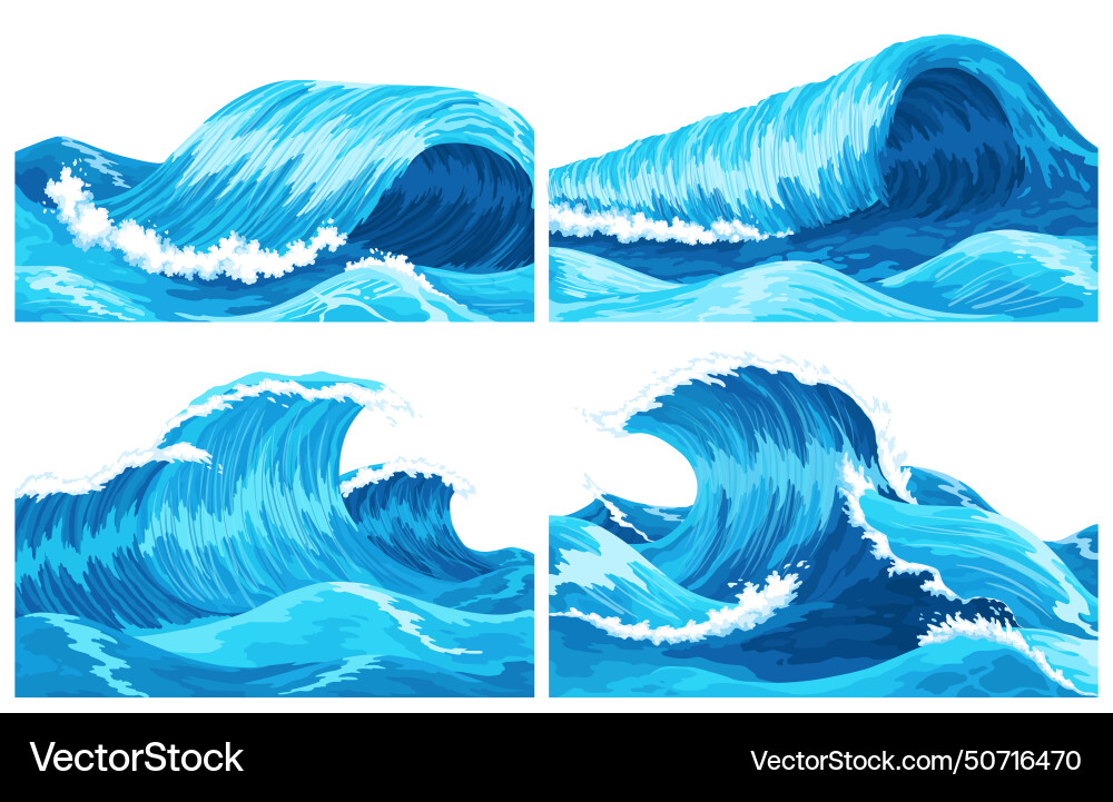 Ocean waves four scenes of blue sea Royalty Free Vector