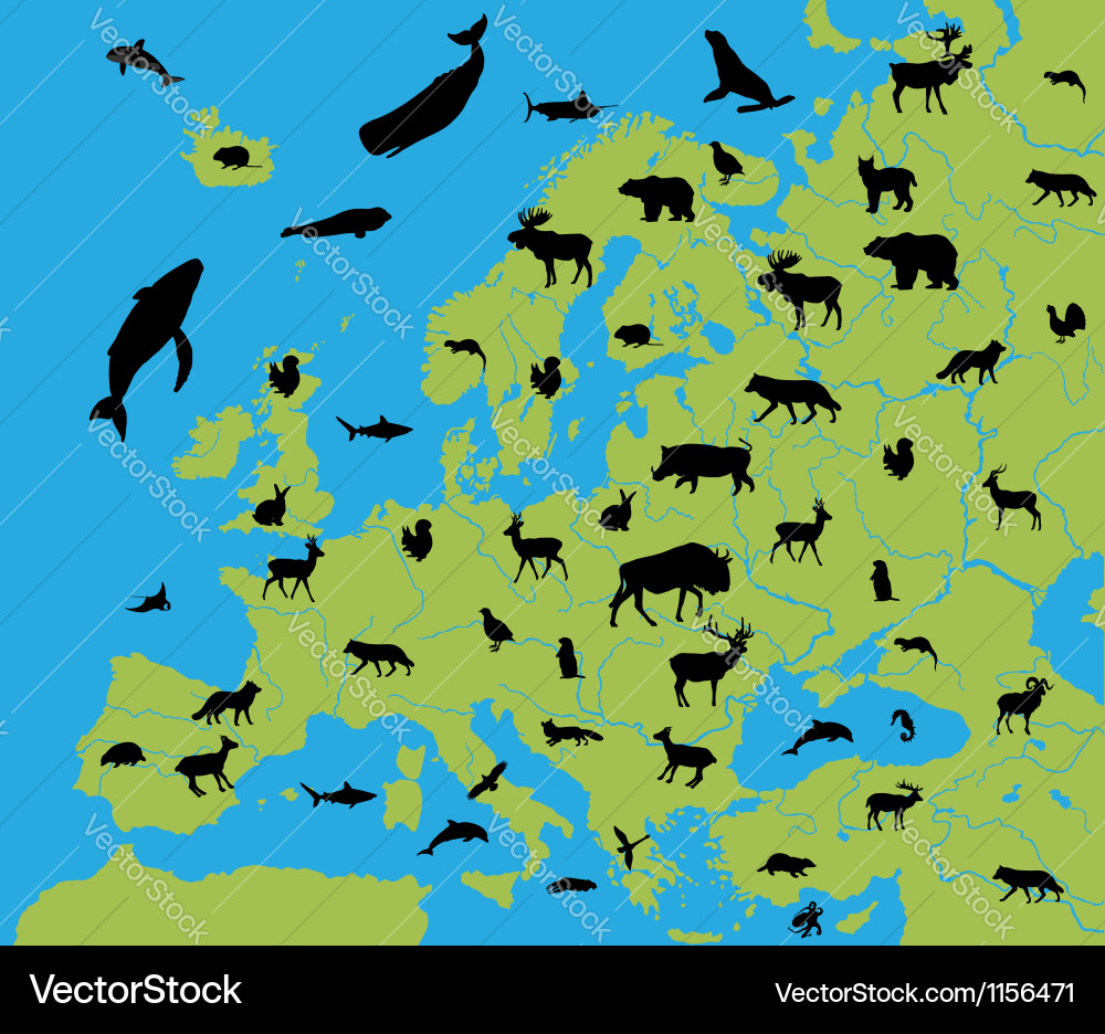 Tiere auf der Karte von europe Lizenzfreier Vektor Bild