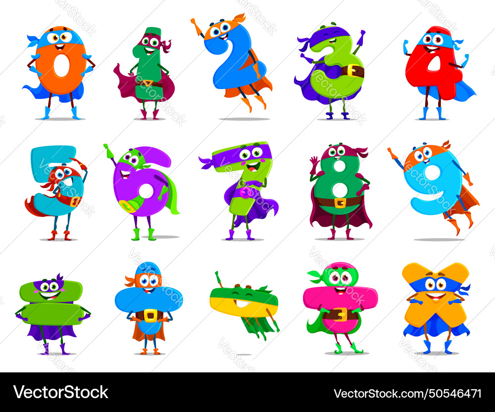 Cartoon math number nine superhero characters Vector Image