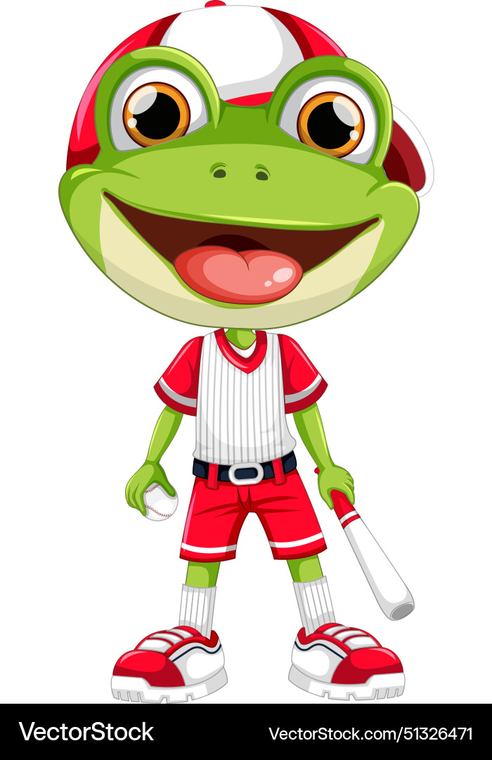 Frog in baseball uniform holding bat and ball Vector Image