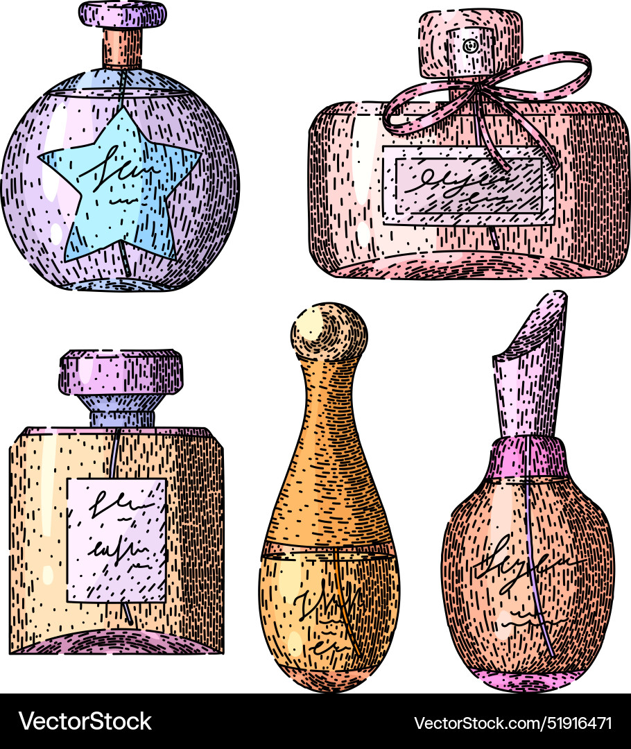 Perfum bottle female set sketch hand drawn Vector Image