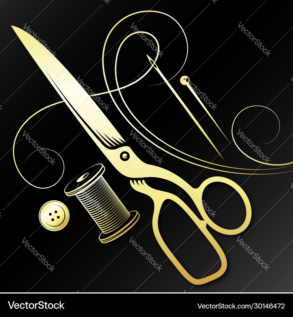 Golden Scissors and Thread Set – Royalty-Free Vector | VectorStock