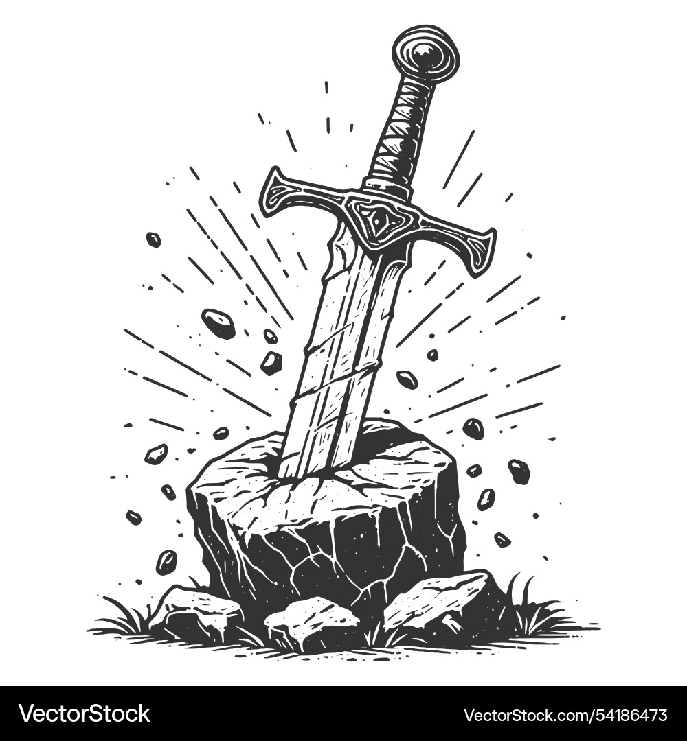 Sword in stone medieval engraving sketch Vector Image