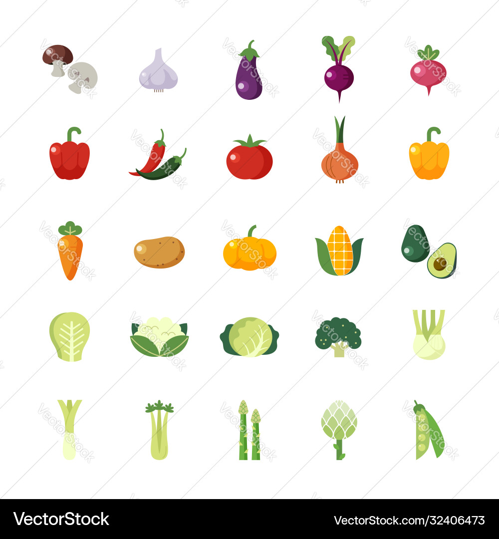 Vegetable veggies colorful flat icons set Vector Image