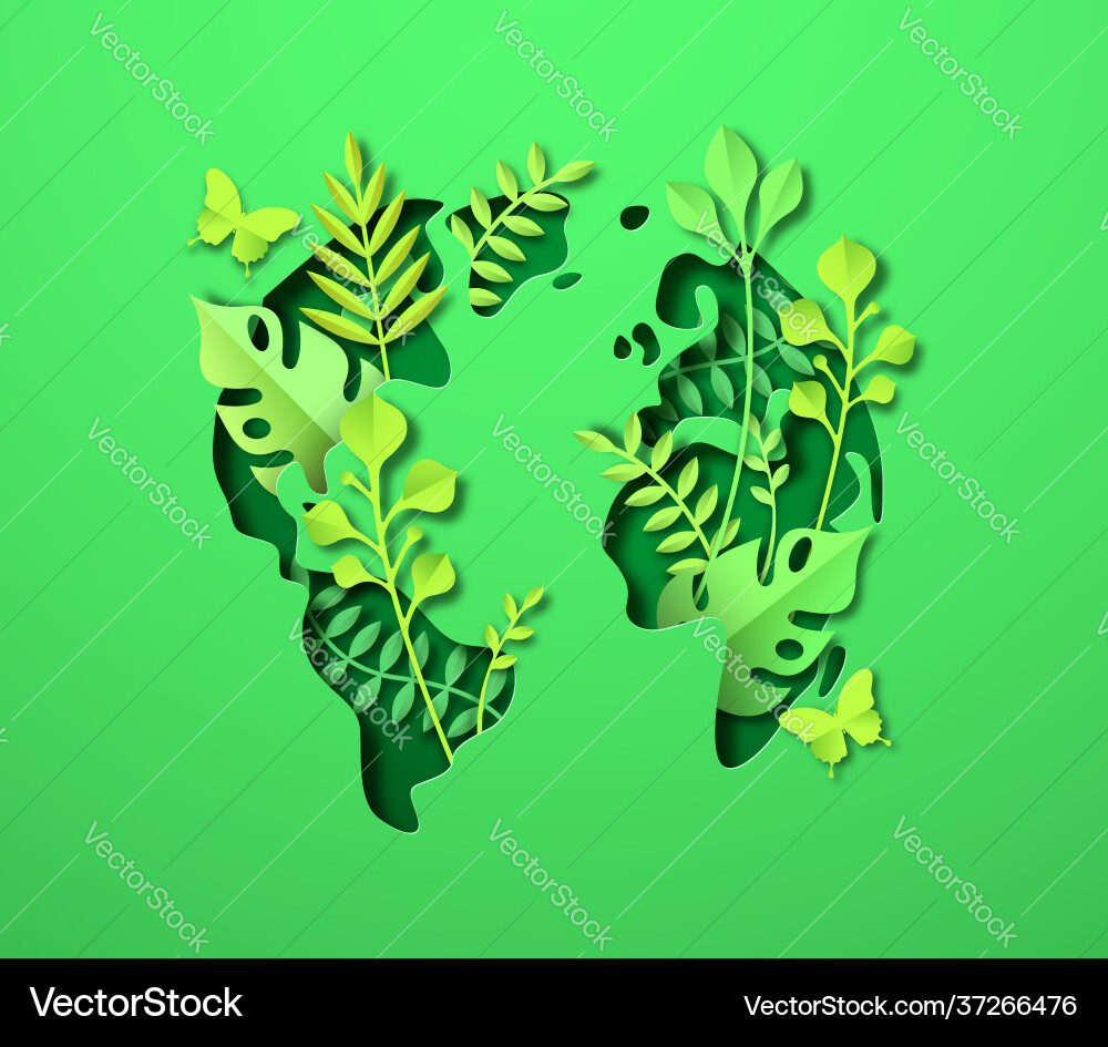 Green earth world map papercut leaf isolated Vector Image