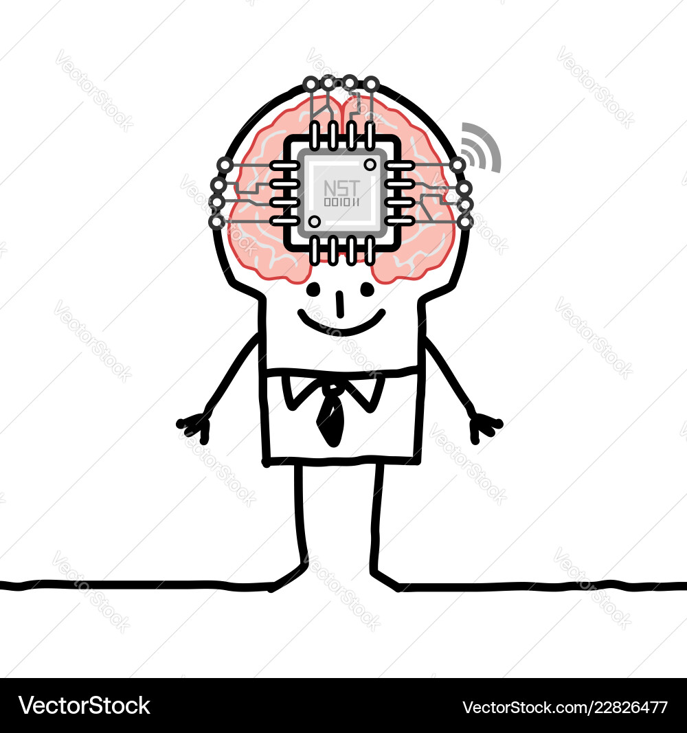 Cartoon man with big brain and microchip Vector Image