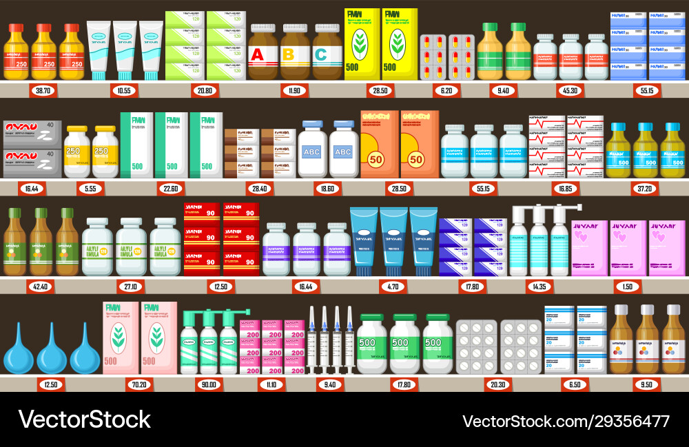 Pharmacy Shelves with Medicine Supplies Royalty Free Vector