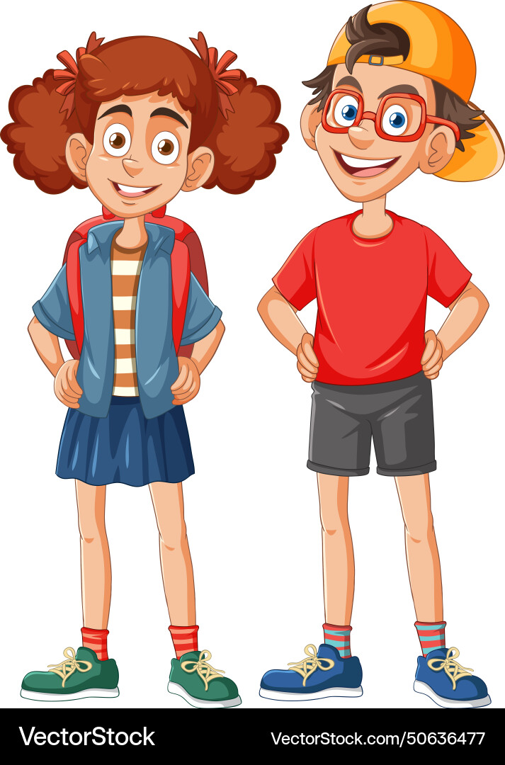 Two cheerful children standing with confident Vector Image