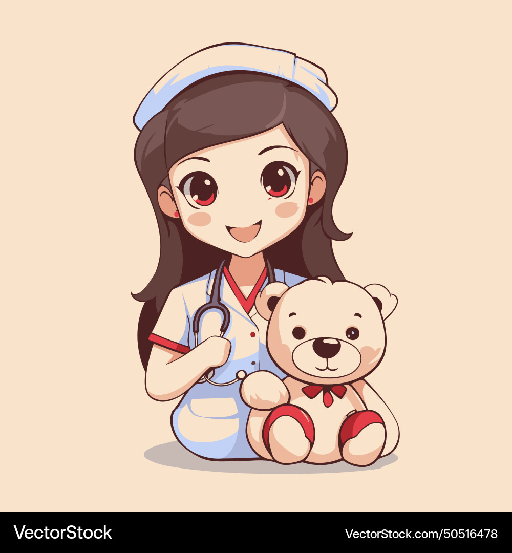 Nurse with teddy bear cute cartoon Royalty Free Vector Image