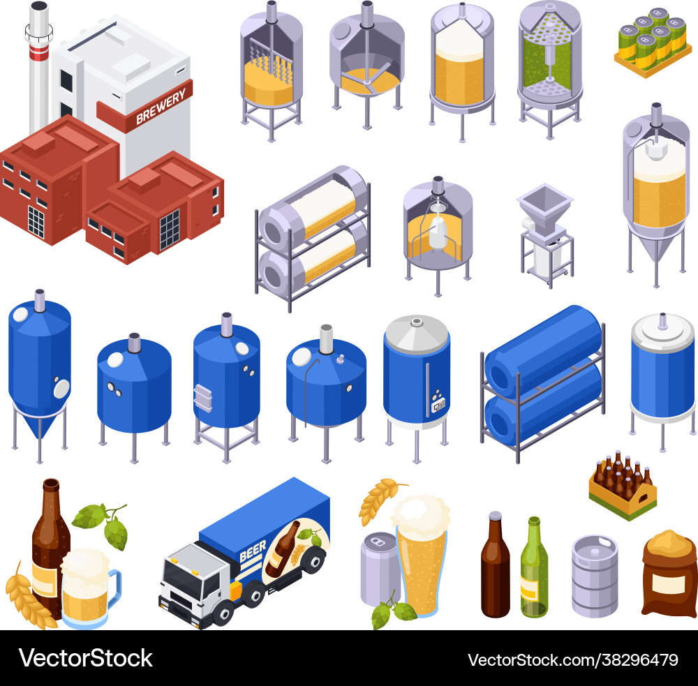 Beer production facilities set Royalty Free Vector Image