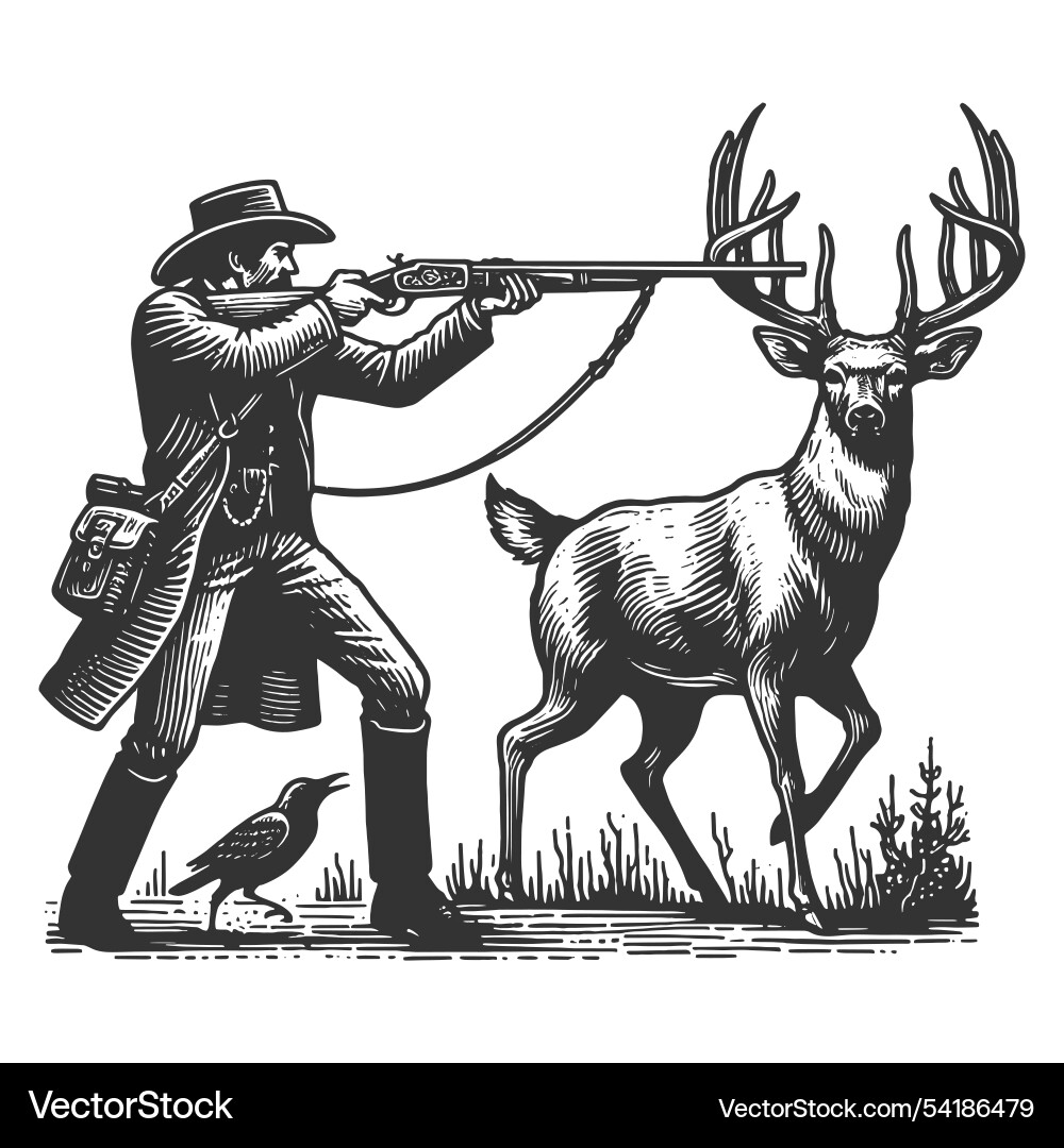 Hunter aiming deer engraving Royalty Free Vector Image