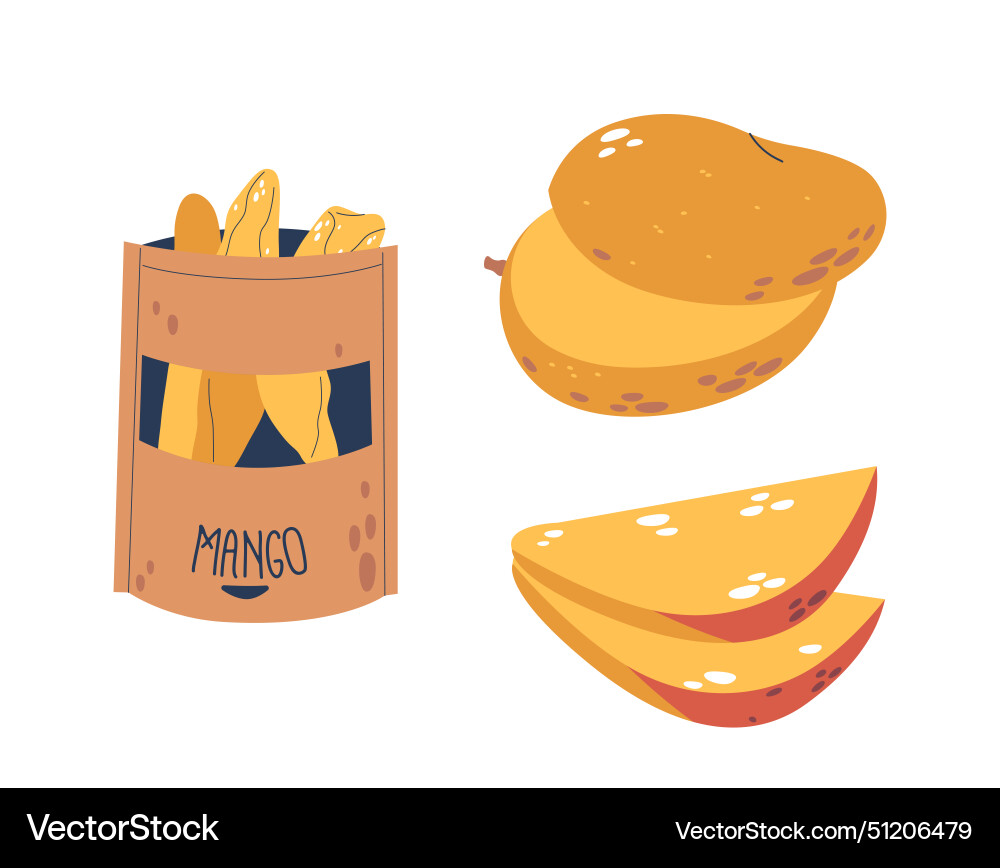 Ripe mangoes both whole and sliced alongside Vector Image