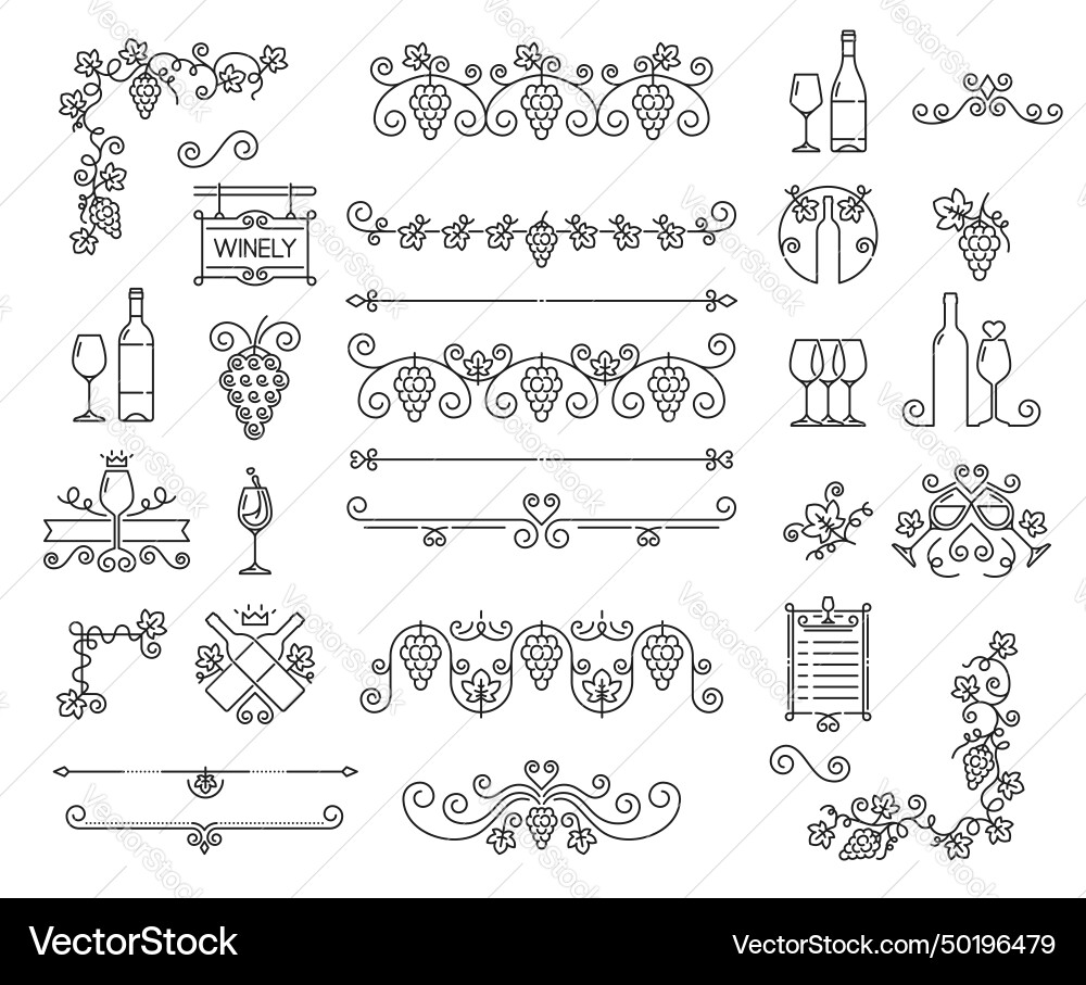 Wine vine outline decor ornaments grape branch Vector Image