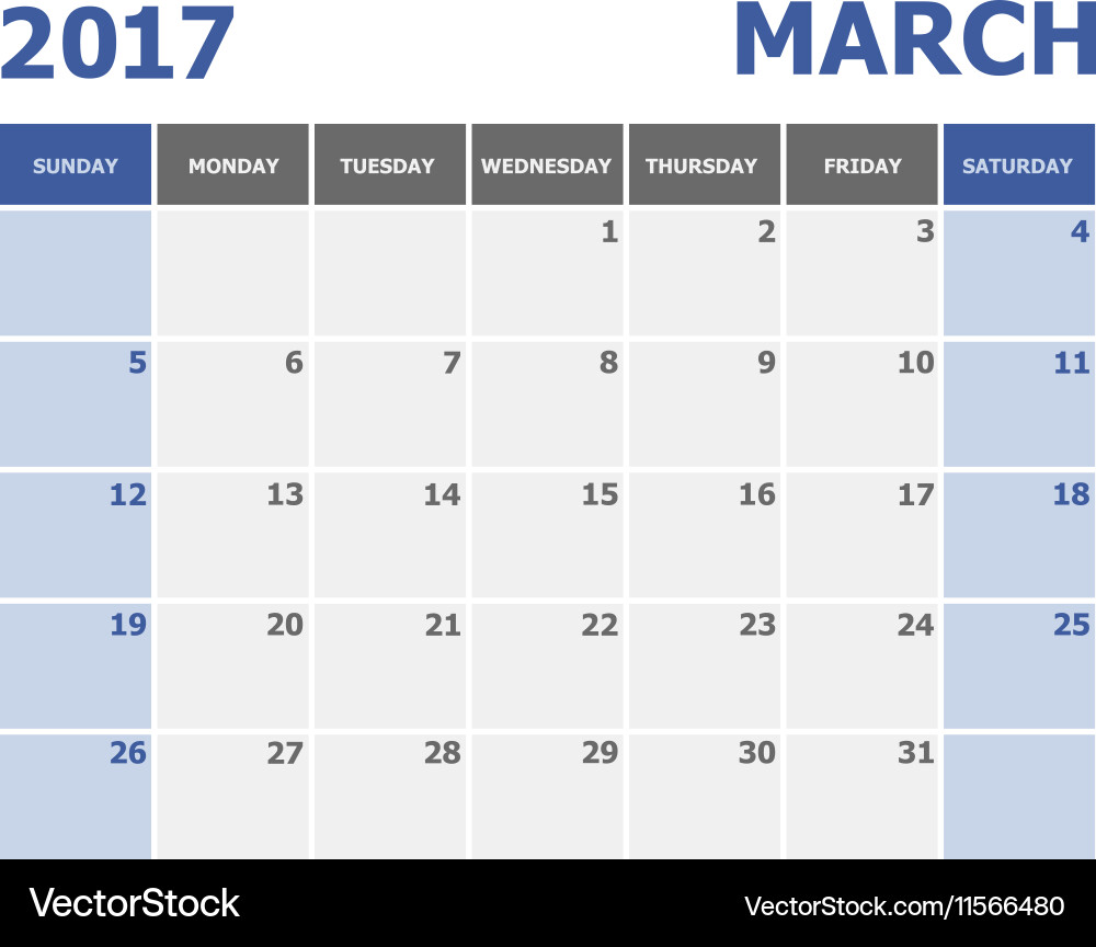 2017 march calendar week starts on sunday Vector Image