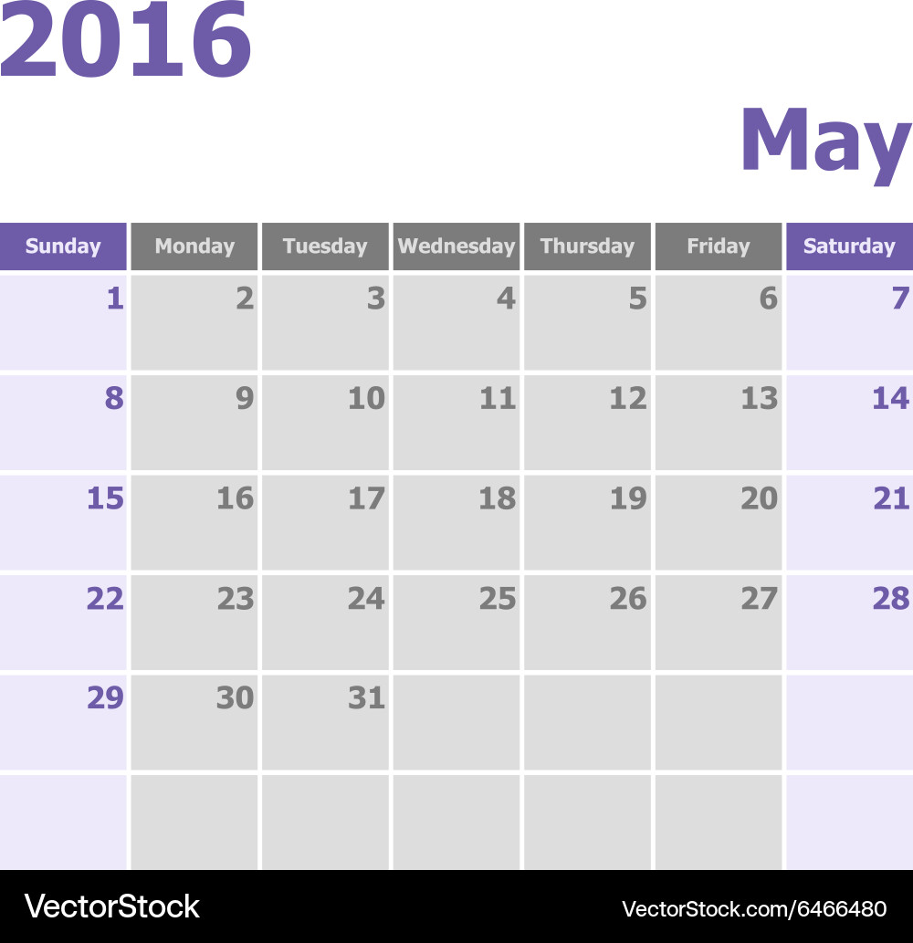 Calendar may 2016 week starts from sunday Vector Image