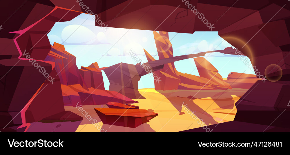Ancient mountain cave exit lit by bright sunlight Vector Image