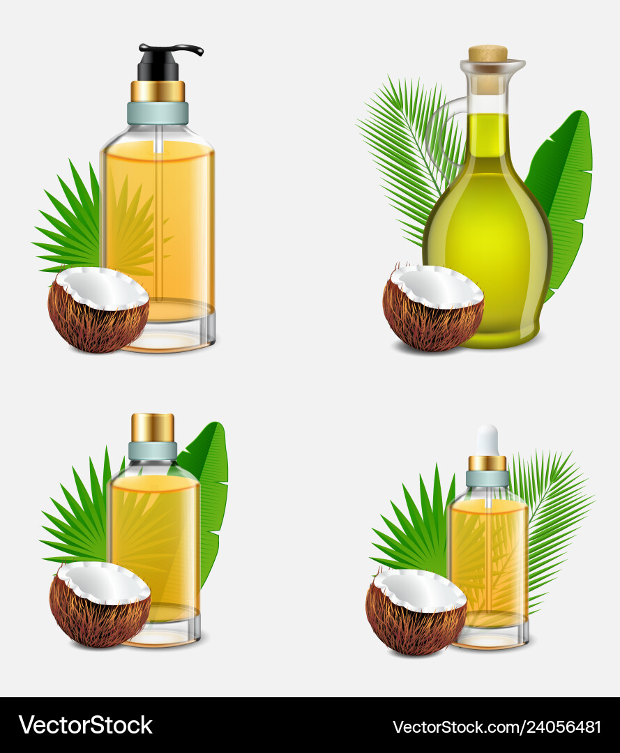 Coconut oil bottle set realistic Royalty Free Vector Image