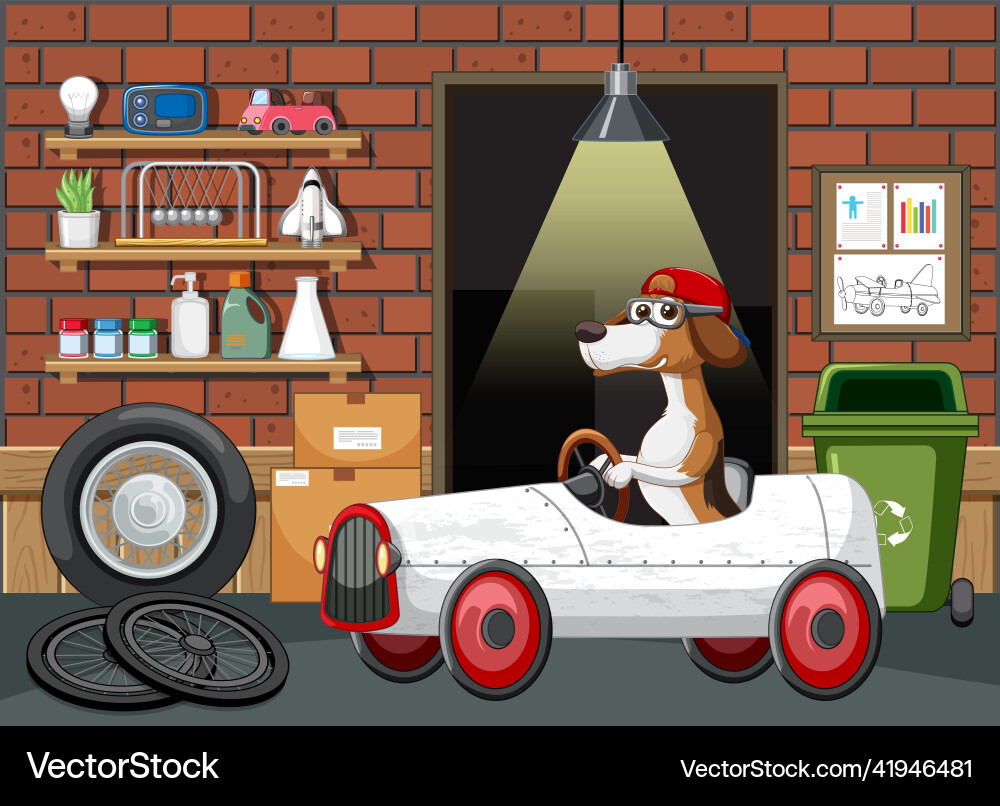Dog driving car in garage Royalty Free Vector Image