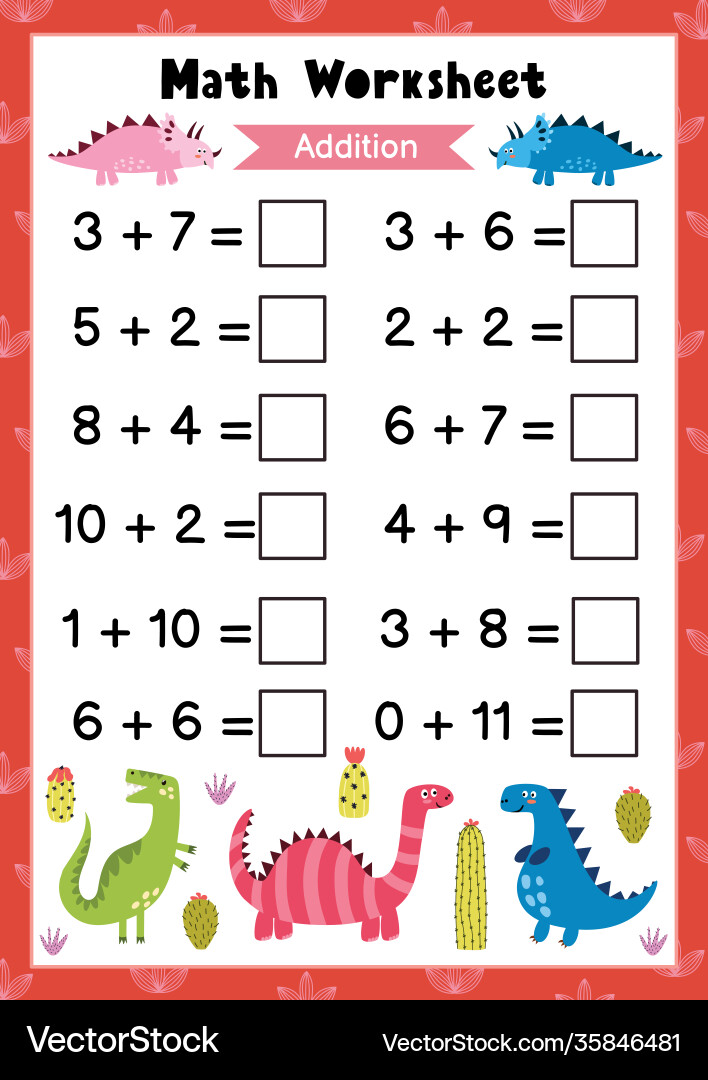 Math worksheet for kids addition mathematic Vector Image