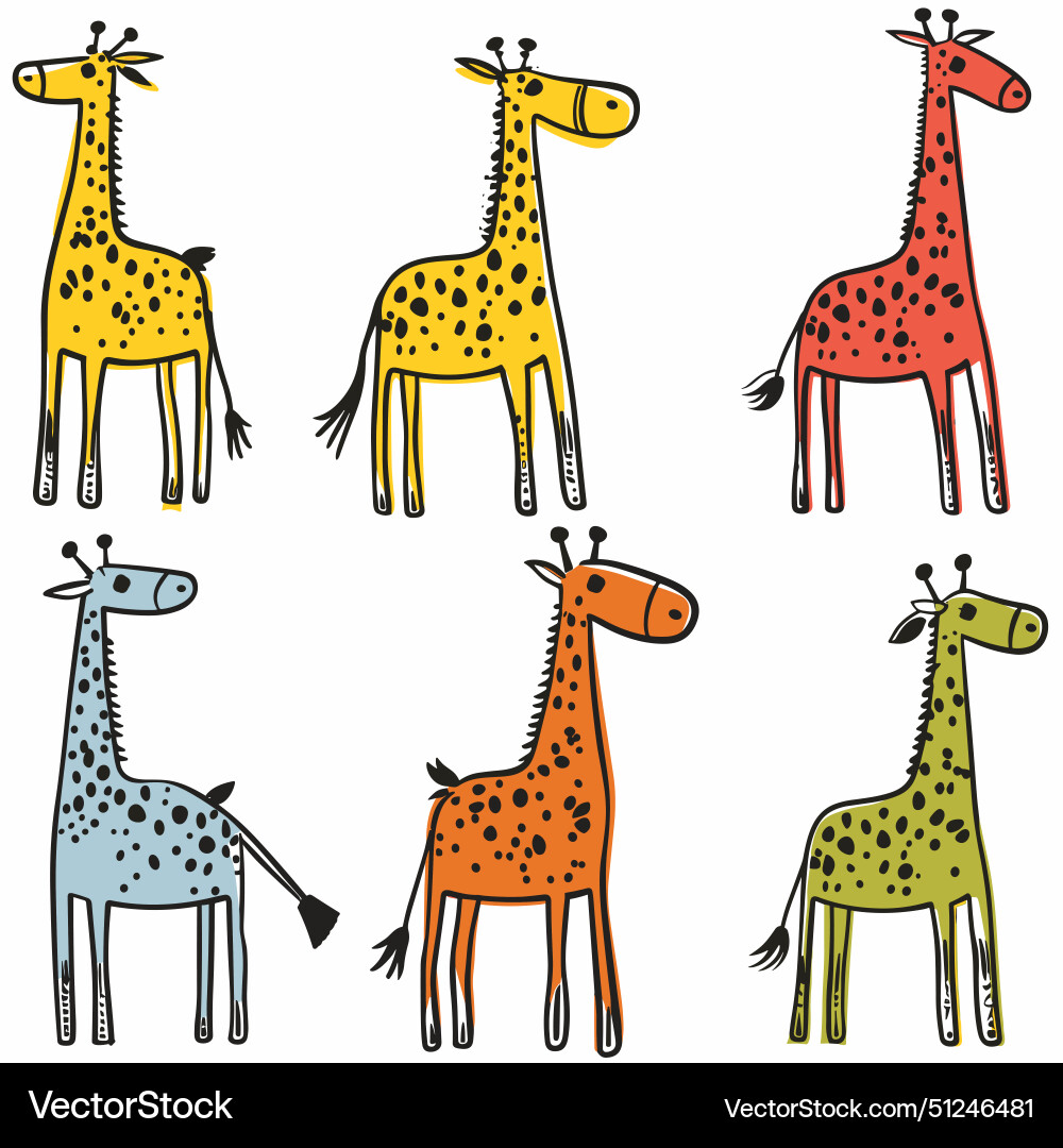 Six colorful cartoon giraffes standing various Vector Image