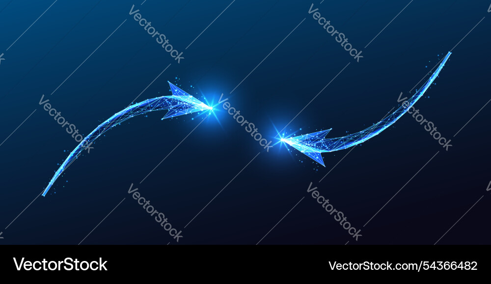 Two glowing curved arrows converge on dark blue Vector Image