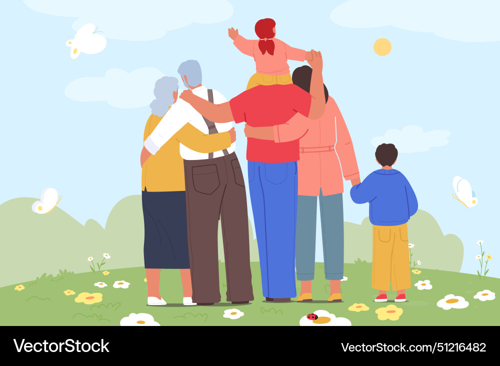 Warm multi-generational family back view enjoys Vector Image