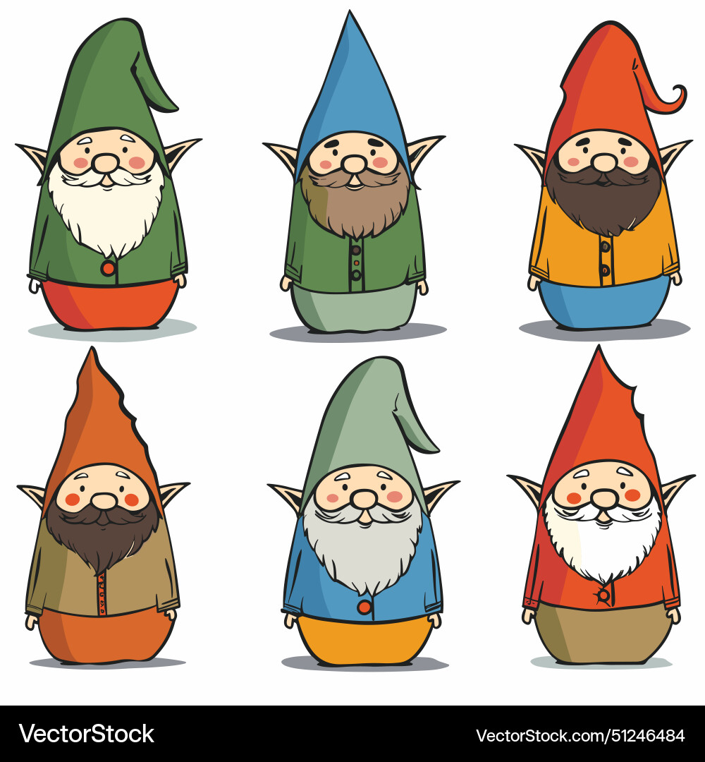 Six cartoon gnomes arranged rows unique colored Vector Image
