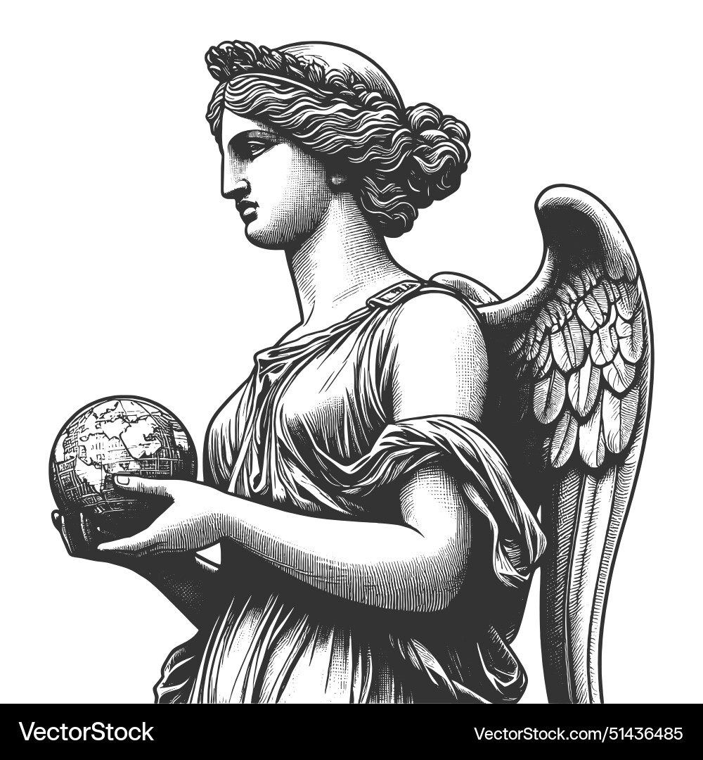 Classical angel statue holding globe sketch Vector Image