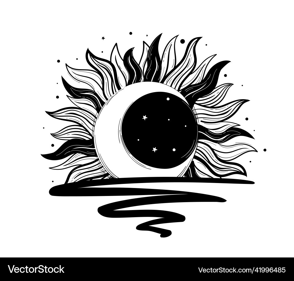 Crescent moon with rays and stars reflected Vector Image