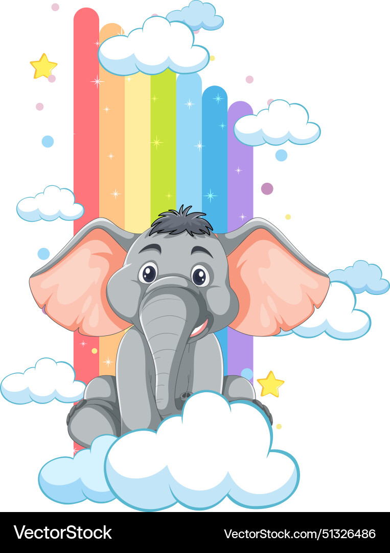 Cheerful elephant sitting on clouds with rainbow Vector Image