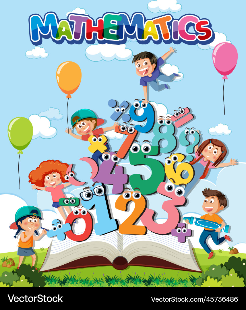 School kids with math theme outdoor background Vector Image