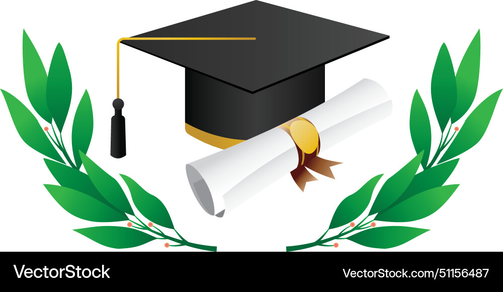 A graduation cap and diploma are displayed Vector Image