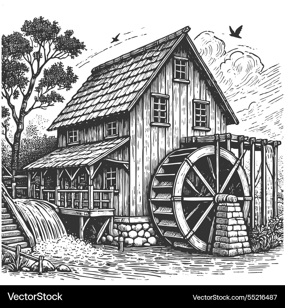 Vintage watermill by a stream Royalty Free Vector Image