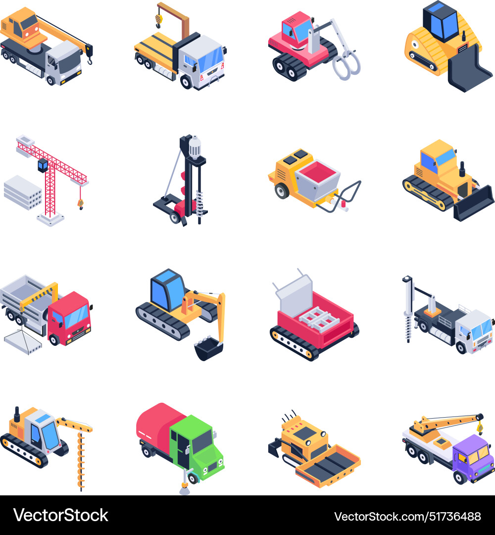 Modern isometric icons featuring industrial machin