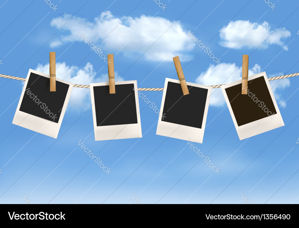 Background with photos hanging on a rope in front Vector Image