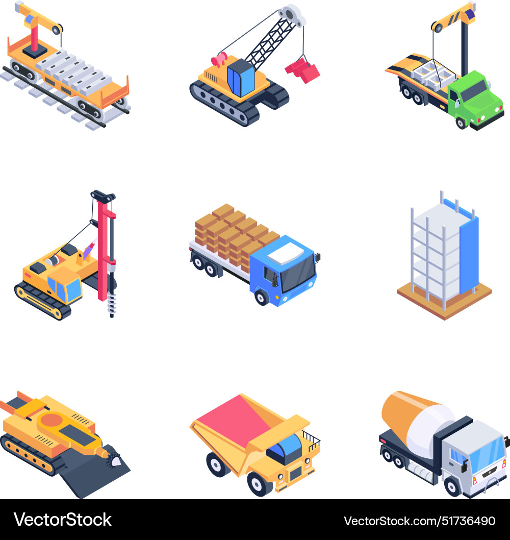 Bundle of heavy machinery isometric icons Vector Image