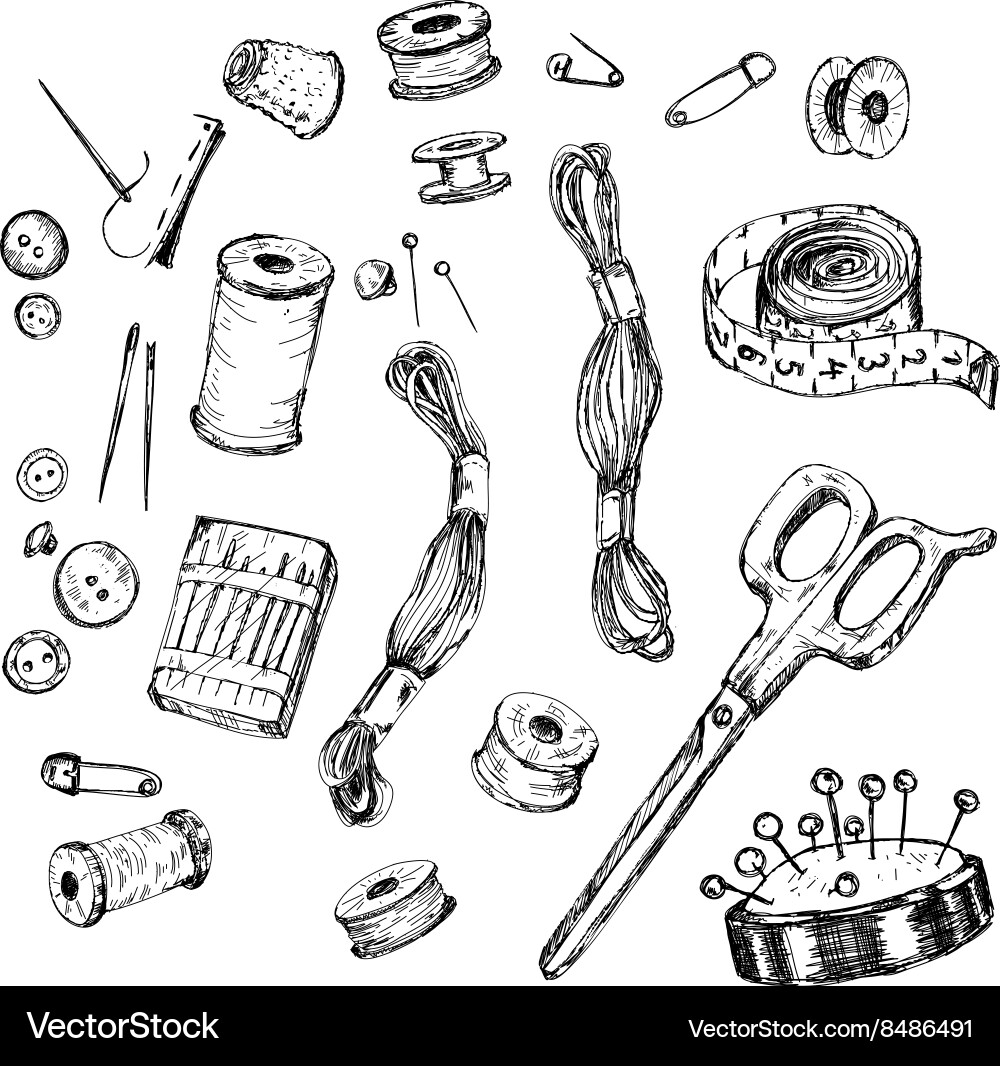 Collection of hand drawn sewing tools Royalty Free Vector