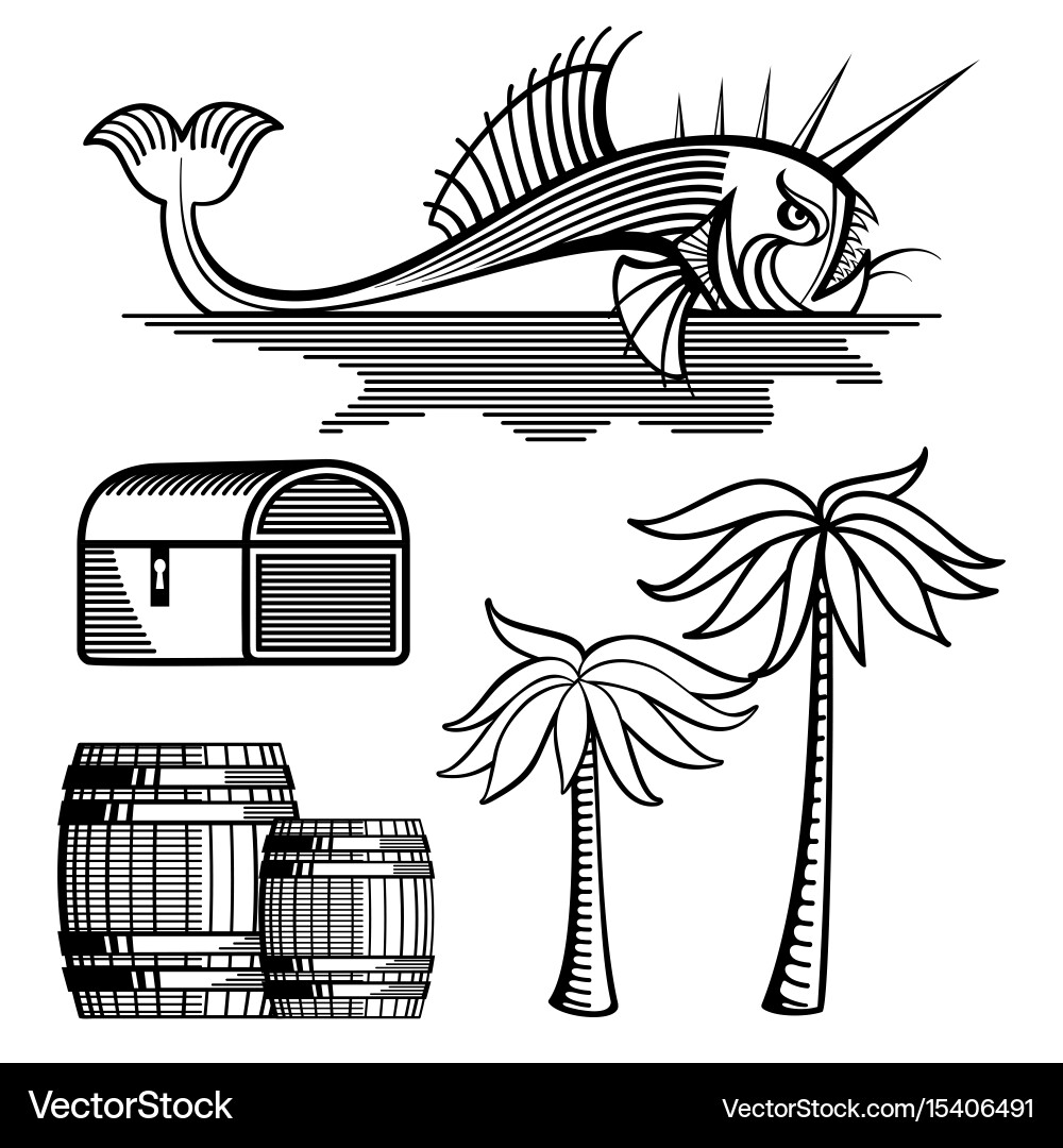 Fish treasure chest barrels and palm tree Vector Image