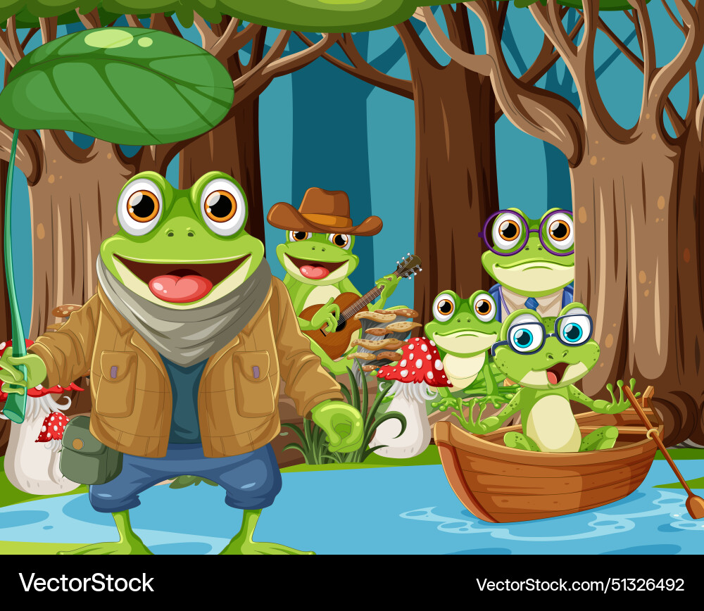 Cartoon frogs playing music and having fun Vector Image