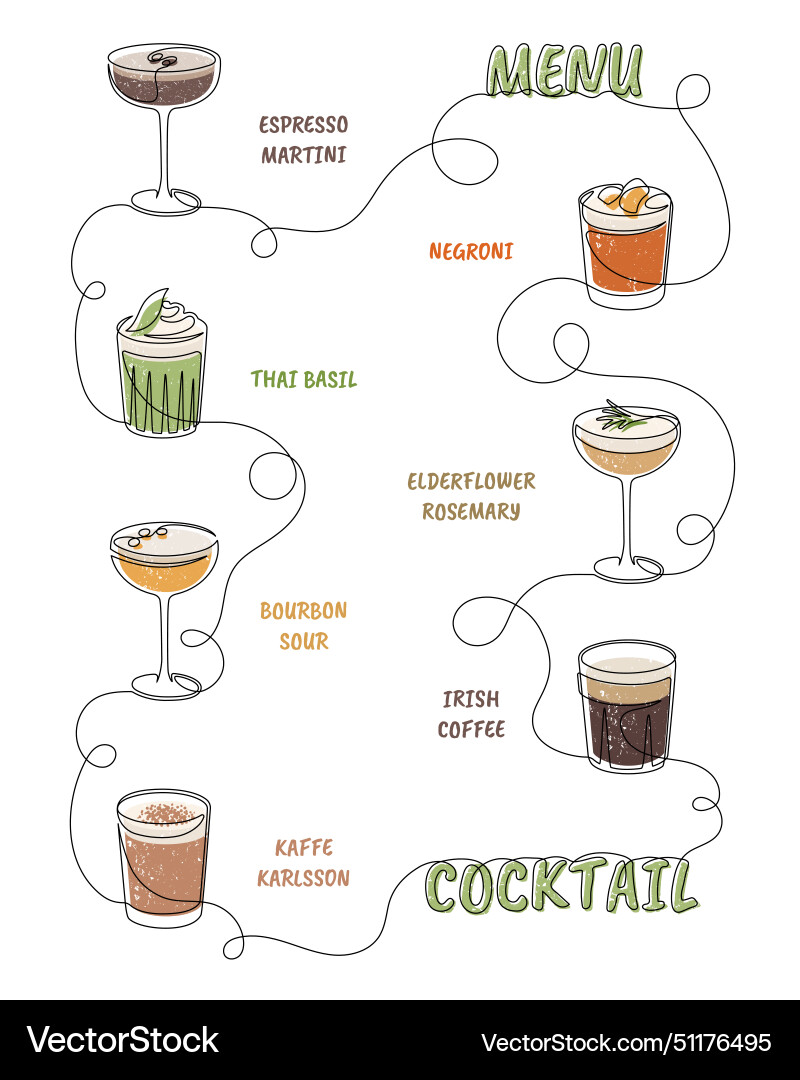 Continuous one line drawing of alcoholic cocktail Vector Image
