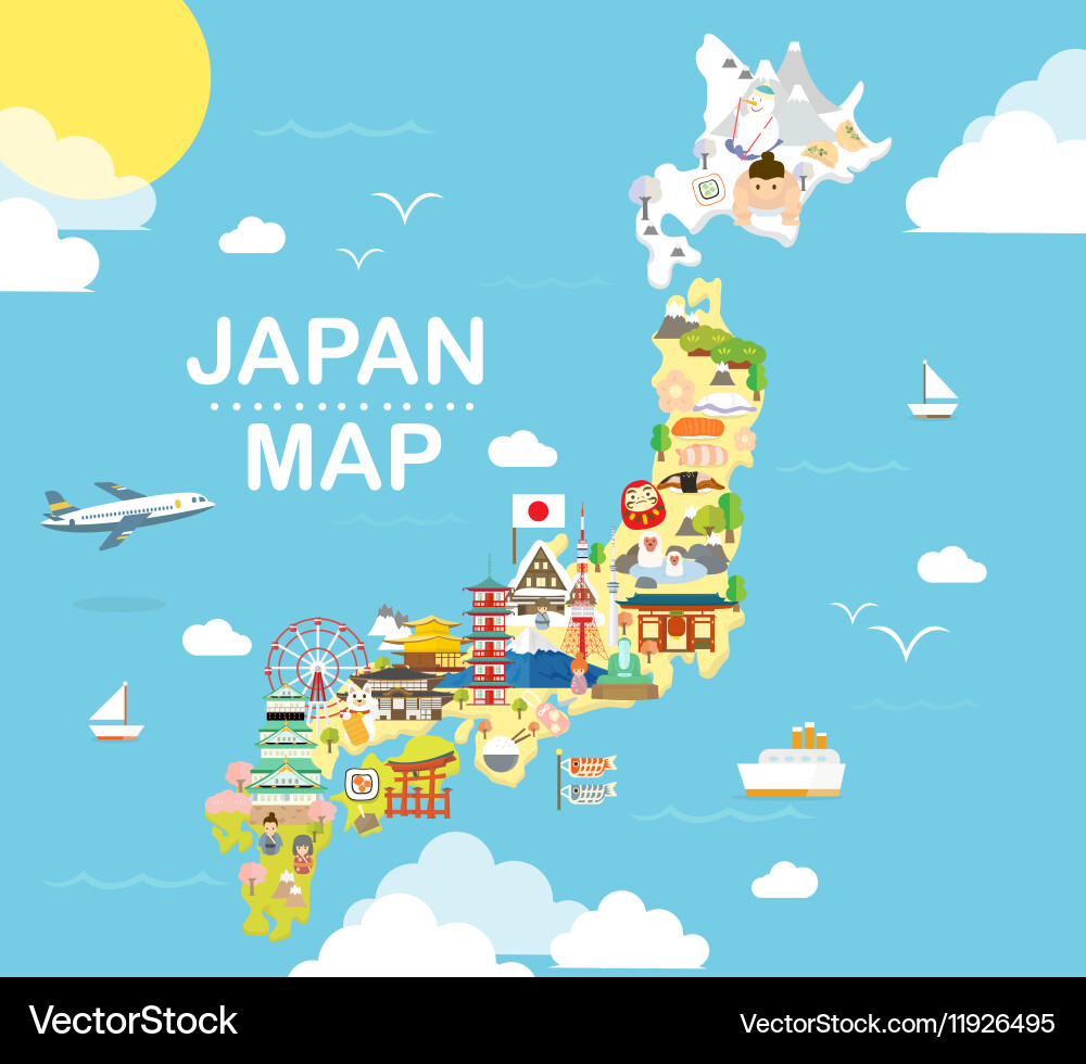 Japan travel map in flat Royalty Free Vector Image