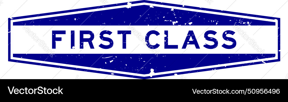 Grunge blue first class word hexagon rubber seal Vector Image
