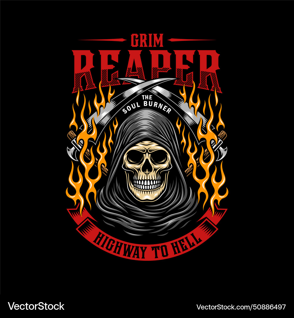 Burning grim reaper head with scythe Royalty Free Vector