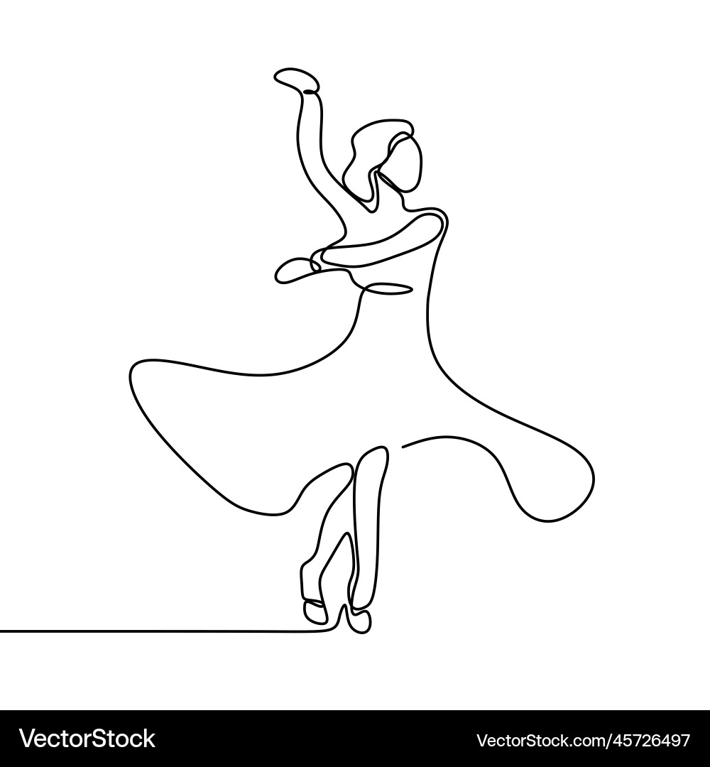One line art drawing of a young girl dancing Vector Image