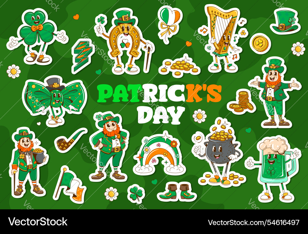 Retro groovy irish saint patrick day stickers set Vector Image
